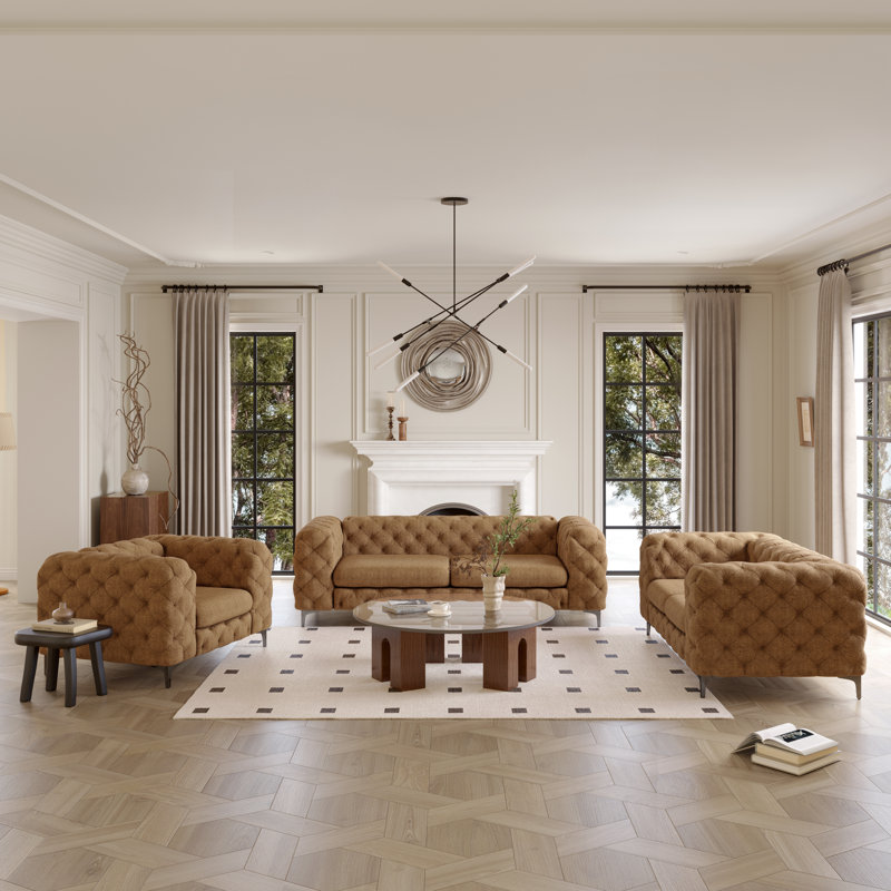 Orren Ellis 3 Piece Tufted Polyester Living Room Set with Chesterfield Chair Loveseat Sofa Wayfair